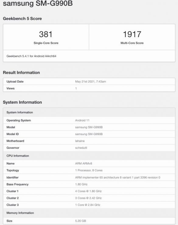 Le Galaxy S21 Fe Apparaît Sur Geekbench Avec Snapdragon 888 Et 6 Go De